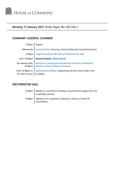 Commons business papers - UK Parliament