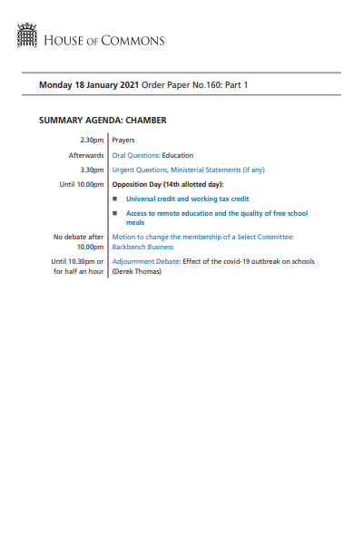 Commons business papers - UK Parliament