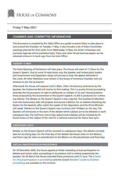 Commons business papers - UK Parliament