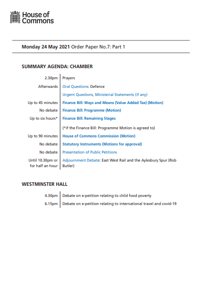Commons business papers - UK Parliament