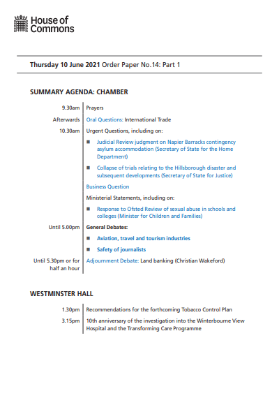 Commons business papers - UK Parliament