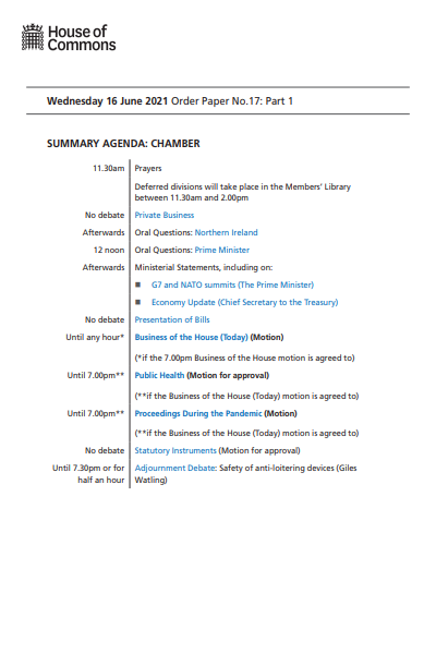 Commons business papers - UK Parliament