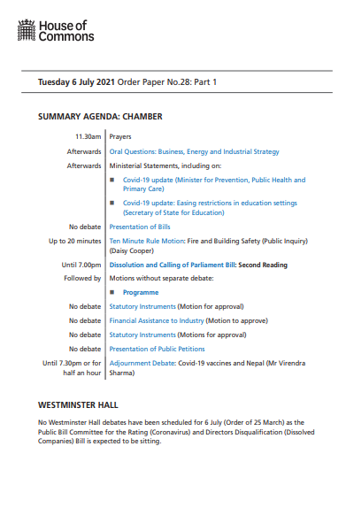 Commons business papers - UK Parliament
