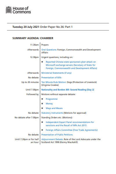 Commons business papers - UK Parliament