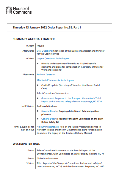Commons business papers - UK Parliament