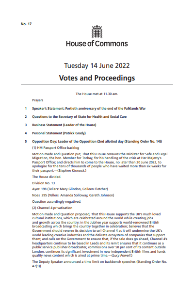 Commons business papers - UK Parliament