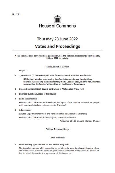 Commons business papers - UK Parliament