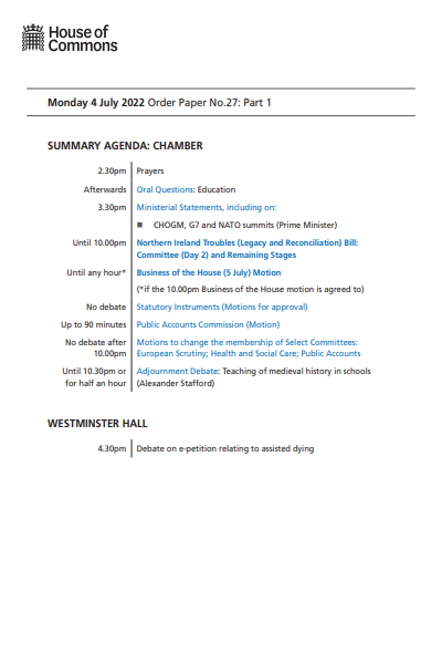 Commons business papers - UK Parliament