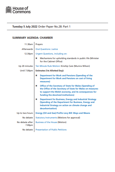 Commons business papers - UK Parliament