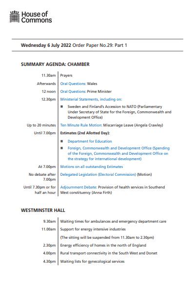 Commons business papers - UK Parliament