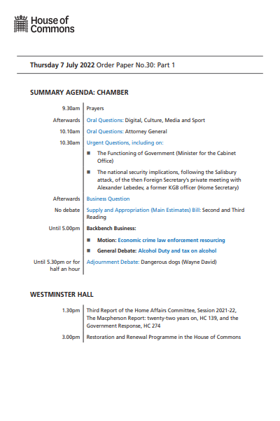 Commons business papers - UK Parliament