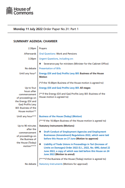 Commons business papers - UK Parliament