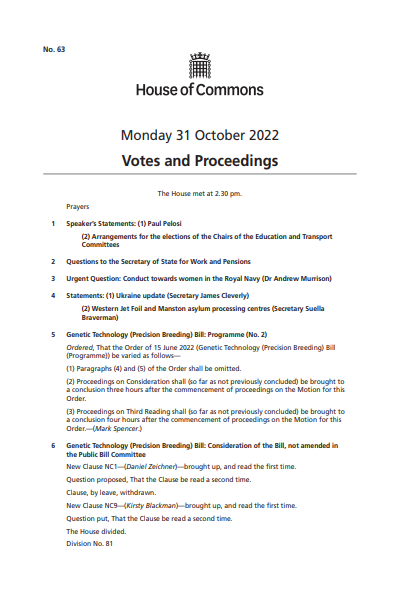 Commons business papers - UK Parliament