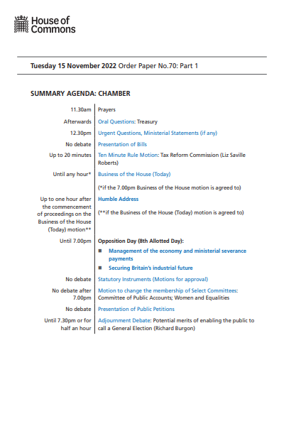 Commons business papers - UK Parliament