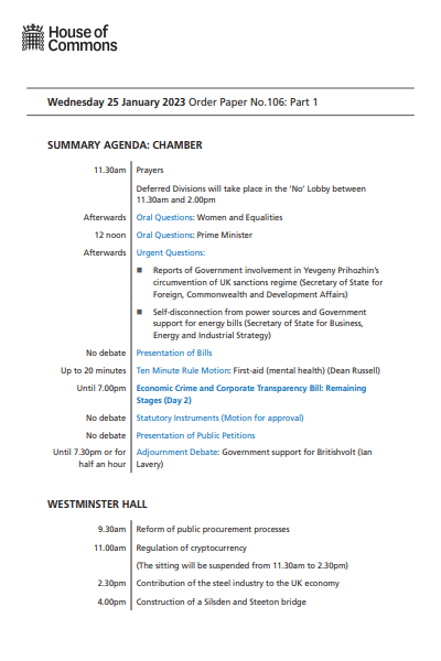 Commons business papers - UK Parliament