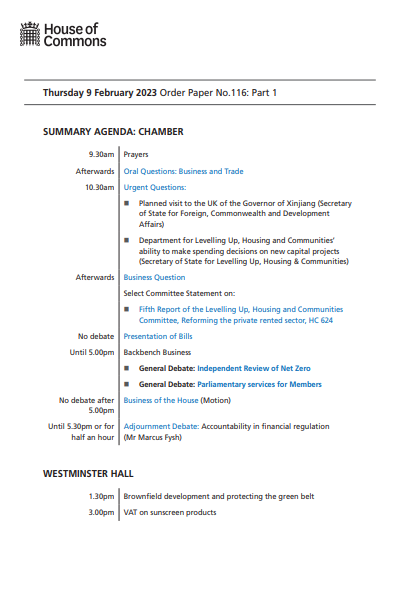 Commons business papers - UK Parliament