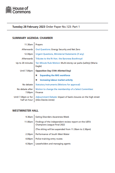 Commons business papers - UK Parliament