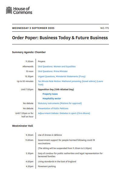 Commons business papers - UK Parliament